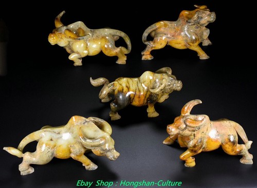 9'' Old Chinese Natural Hetian Jade Carving 5 Cattle Ox Bull Animal ...