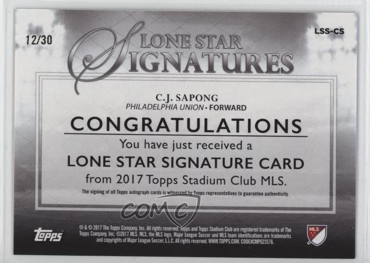 2017 Topps Stadium Club MLS Lone Star Signatures 12/30 CJ Sapong Auto ...