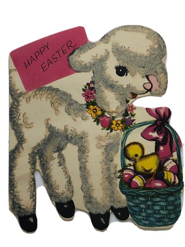 Vintage Die Cut Flocked Lamb Chick & Eggs in Easter Basket Whit Card | eBay