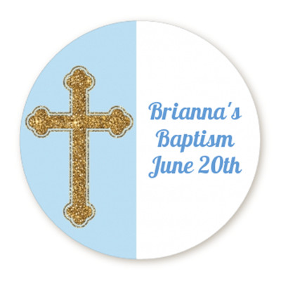 Gold Glitter Blue Cross - Round Personalized Baptism Christening ...