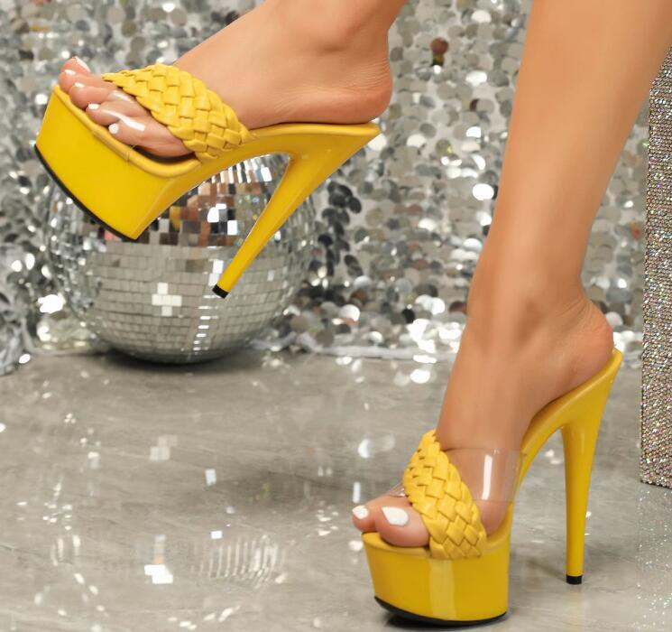 Womens Fashion Sexy Peep Toe Weave PVC Slippers Pumps High Heels ...