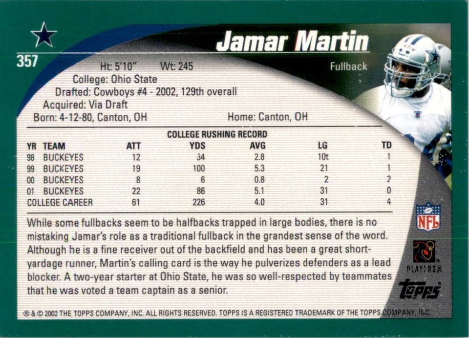 2002 Topps Football Cards Jamar Martin RC #357 TW28614 | eBay