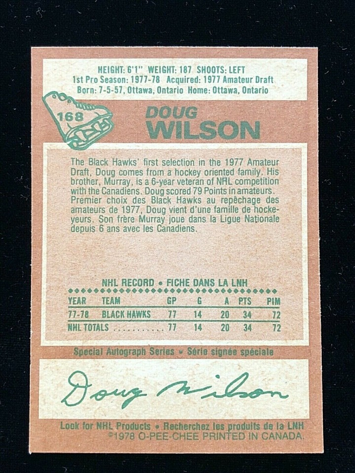 1978-79 Topps Hockey Doug Wilson #168 Rookie Chicago Blackhawks RC ...
