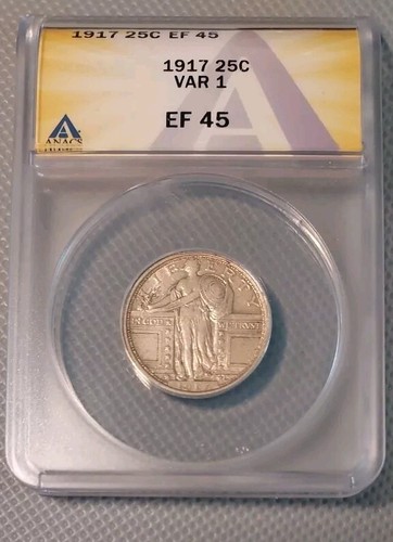 1917 Type 1, 25c Silver Standing Liberty Quarter EF-45 ANACS Nice ...