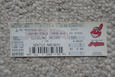 CLEVELAND INDIANS VS SEATTLE MARINERS 7/7/1995 FULL TICKET ~ EDGAR ...