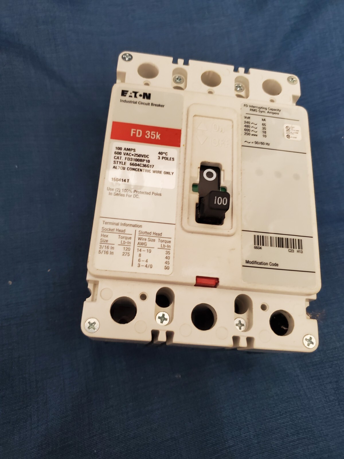 Eaton Circuit Breaker 100A 3 Pole 600 VAC 250 VDC 65kaic - (FD3100BP10 ...