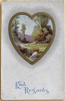 Antique Postcard Kind Regards Heart Shaped Framed Landscape | eBay