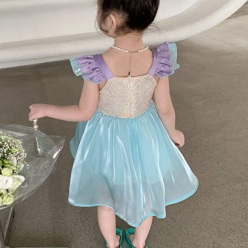 Girl Mesh Splicing Tank Dresses Sequin Sleeveless Ruffle Mermaid ...
