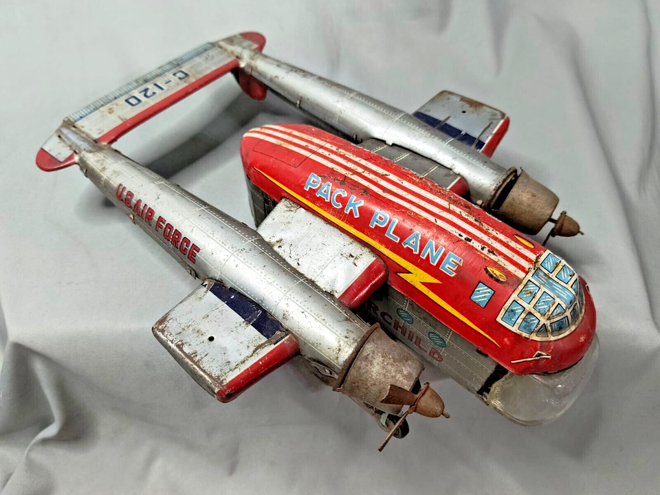 VINTAGE VERY RARE JAPAN TIN LITHO PACK PLANE US AIR FORCE C-120 ...