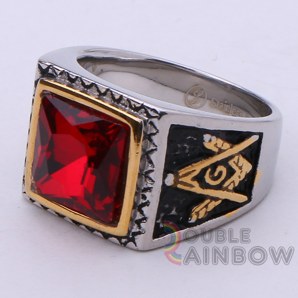 R6 Men Stainless Steel Red CZ Gold Silver Plated MASONIC Mason Ring ...