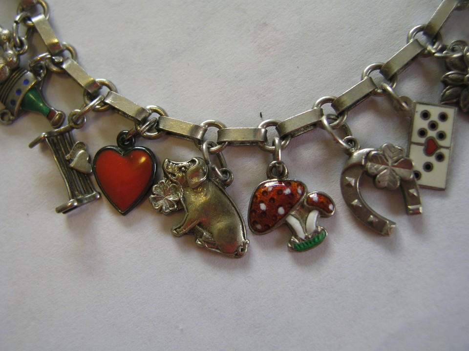RARE VINTAGE ANTIQUE GERMAN SILVER ENAMEL LUCKY CHARM BRACELET 23 ...