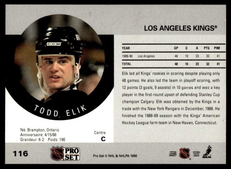 1990-91 Pro Set #116 Todd Elik Rookie Los Angeles Kings | eBay