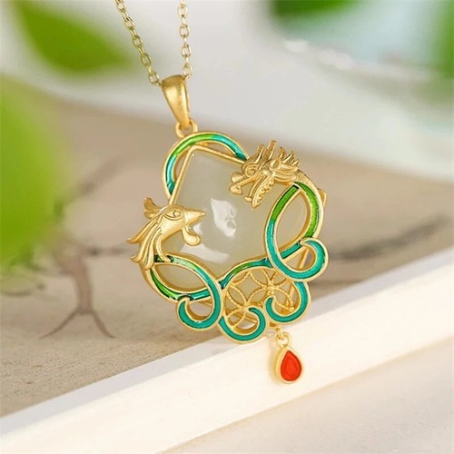 925 Silver Necklace White pretty Natural Jade Pendant Dragon Phoenix ...