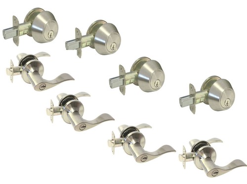 Multiple Sets of Entry Door Locks Lever Handle Satin Nickel Keyed Alike ...