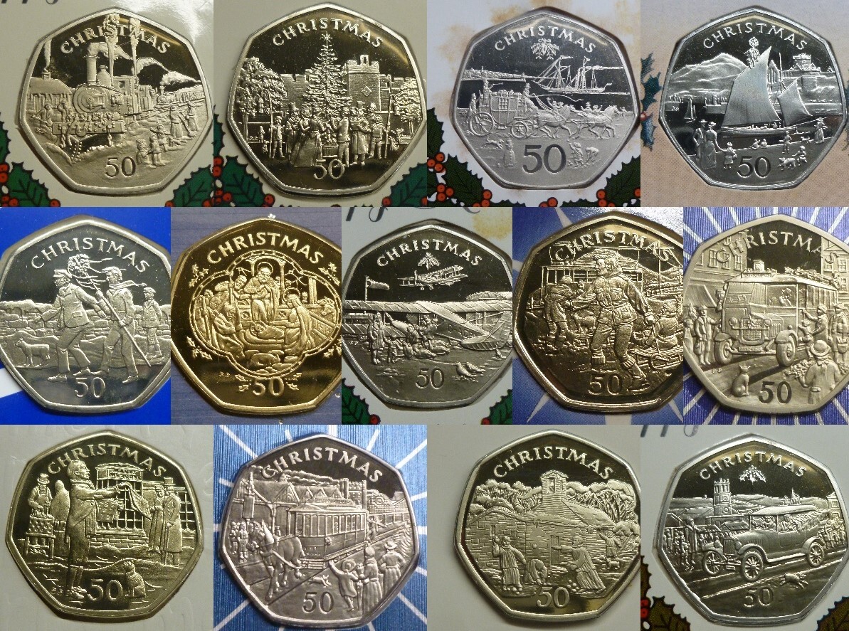 Isle of Man Christmas Large Size IOM 50p coins in Cards 1980-1996 See ...