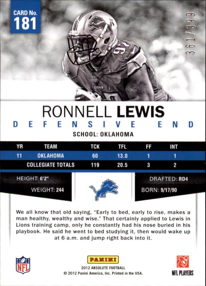 2012 Absolute Football Card #181 Ronnell Lewis Rookie/399 | eBay
