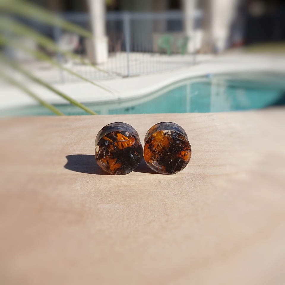 Spectraply Charcoal Brown Orange Wood & Resin Ear Plugs Gauges Double ...