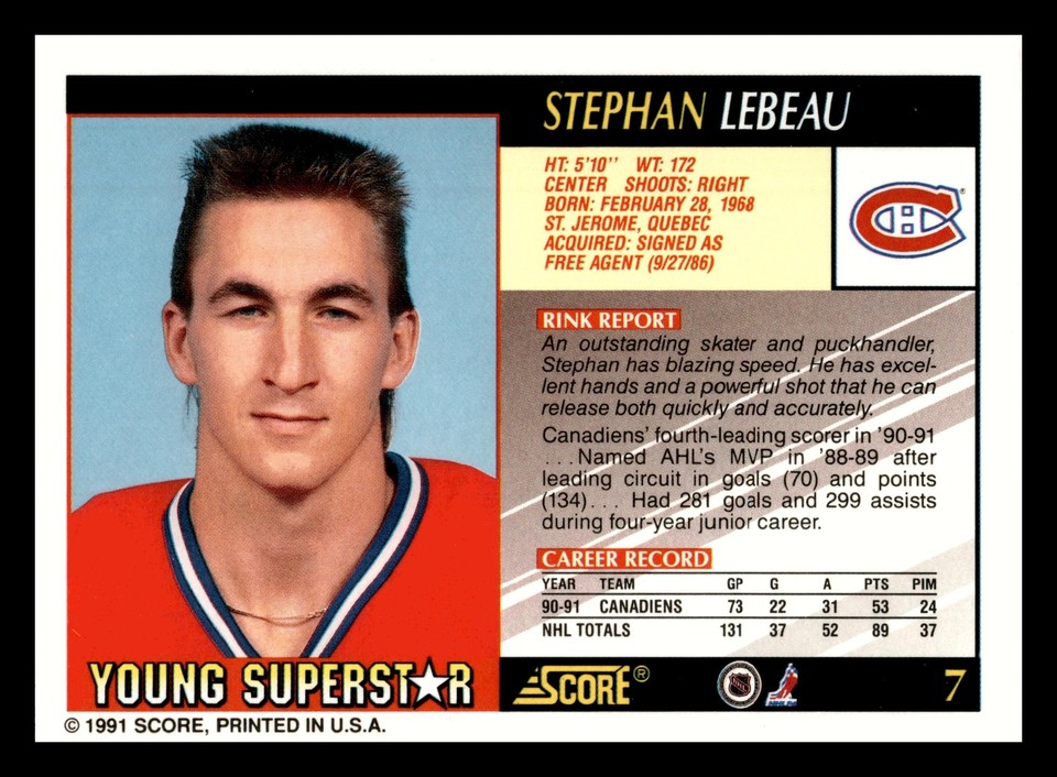 Stephan Lebeau 1991-92 Score Young Superstars #7 HOF Montreal Canadiens ...