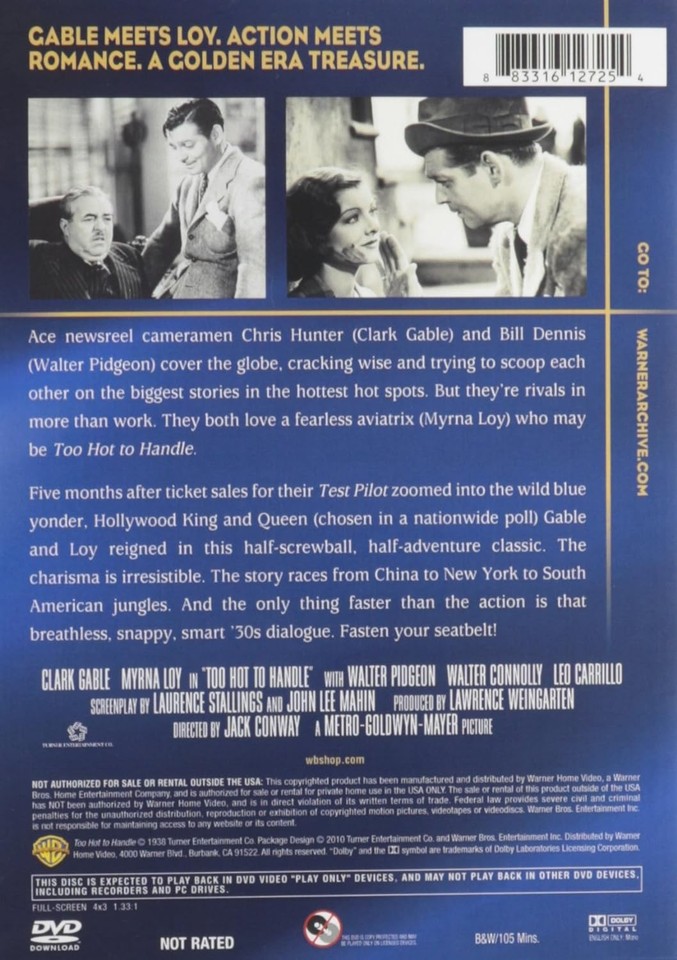 Too Hot To Handle (DVD) Myrna Loy Walter Pidgeon Clark Gable Leo ...