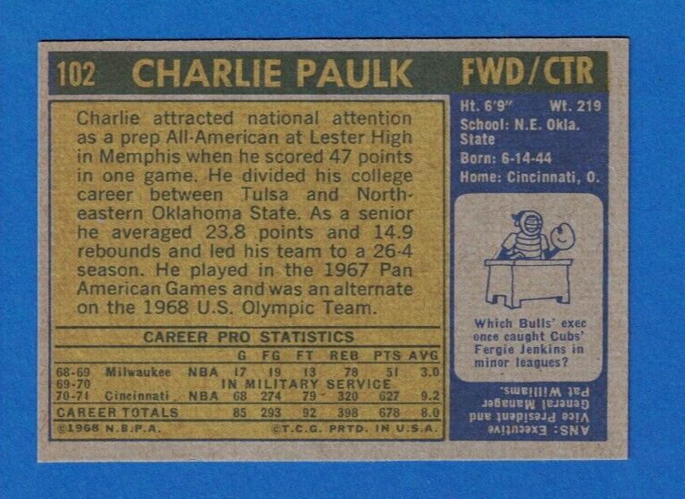 1971 Topps Basketball #102 Charlie Paulk NM-MT Chicago Bulls | eBay