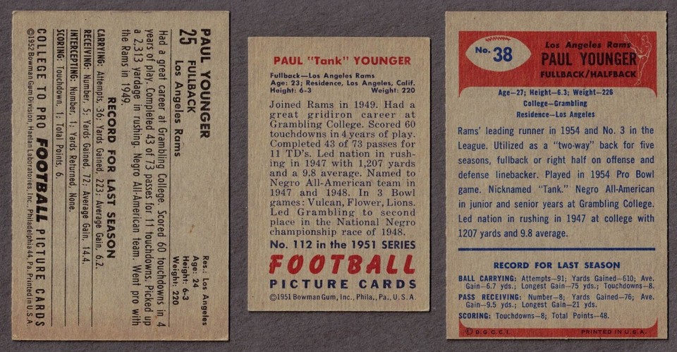 1955 Bowman #38, 1952 Bowman Large #25, 1951 Bowman #112, Tank Younger ...