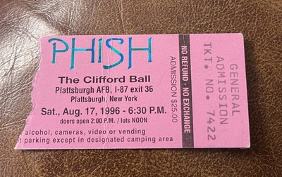 PHISH CLIFFORD BALL RARE CONCERT TICKET STUB PLATTSBURGH, NY 08/17/1996 ...