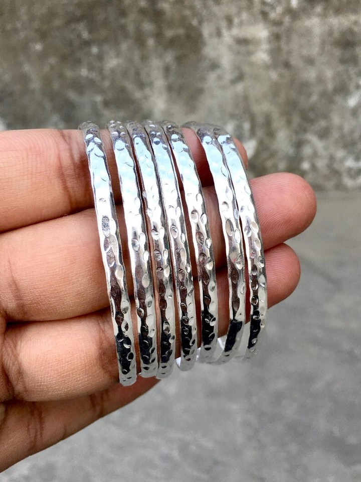 Solid 925 Sterling Silver Bangles, Hammered Bangles Stacking Set of 7 Bangles | eBay