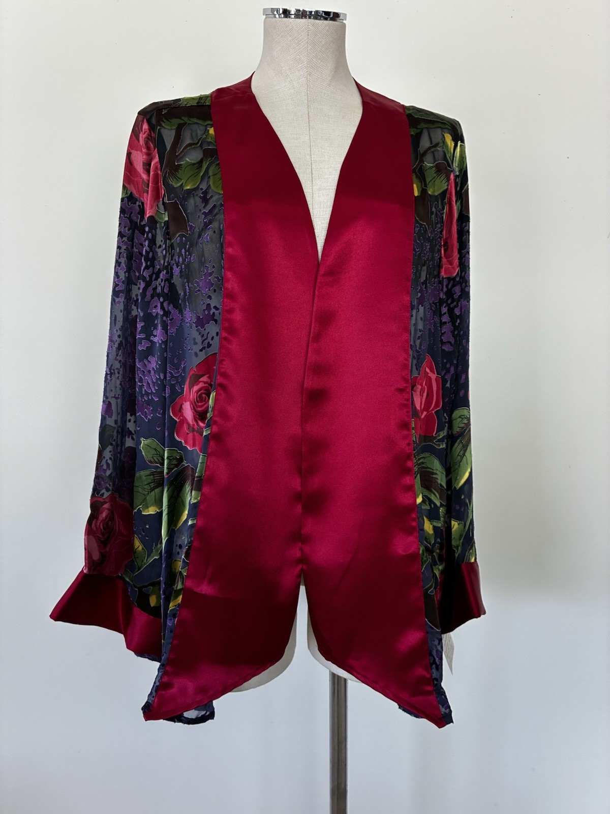NWT MIRASOL OPEN-FRONT SILK & SATIN BURNOUT KIMONO DUSTER RED & PURPLE ...