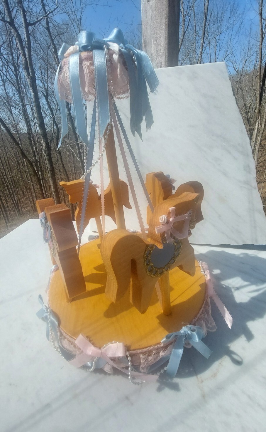 Vintage Wooden Maypole Style Carousel Handmade Tabletop Toy Horses ...