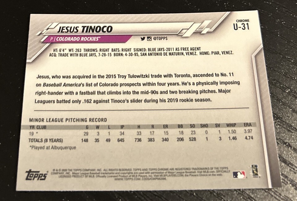 2020 Topps Chrome Update Jesus Tinoco Rookie | eBay