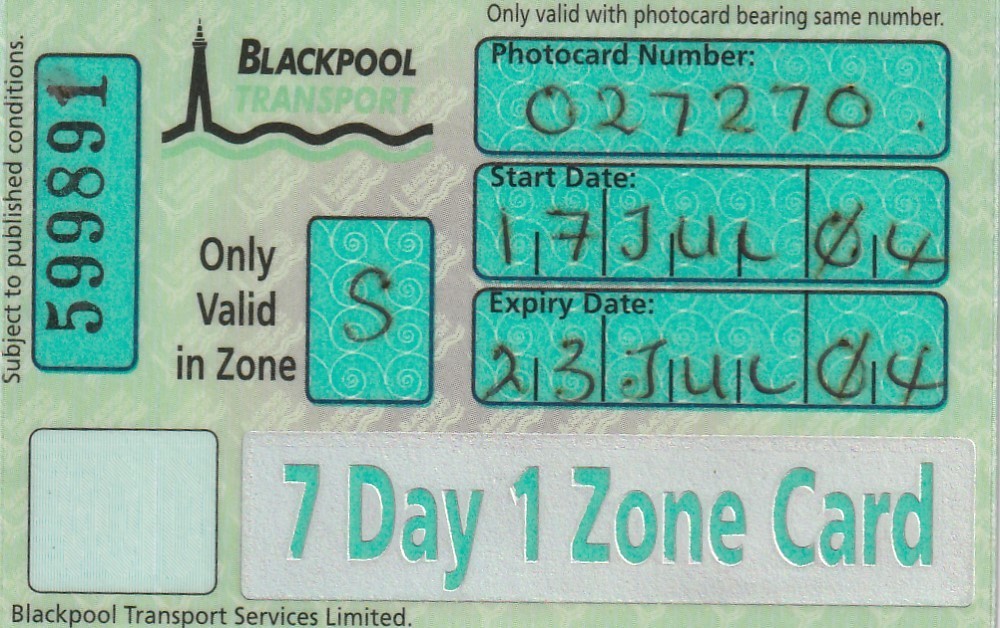 Card ticket. Blackpool Transport. 7 Day 1 Zone Card. | eBay UK