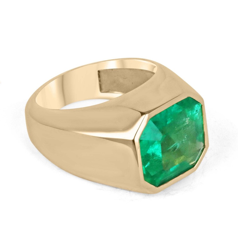 6.55 Carat Gypsy Bezel Set Mens Muzo Colombian Emerald Solitaire Ring ...