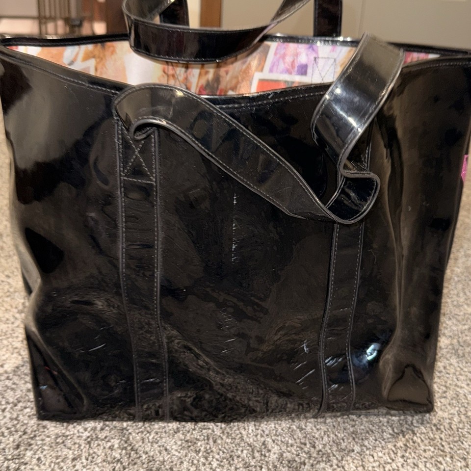 Victoria's Secret Black Patent Pink Glitter Logo Angel Photo Lined Tote ...