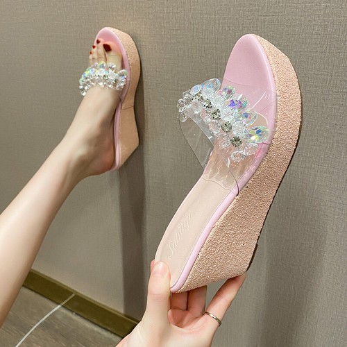 Womens Rhinestones Open Toe Clear Slippers Platforms Wedge Heels ...