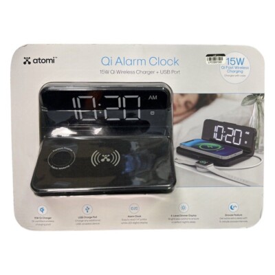 Atomi Qi Alarm Clock with 15W Qi Wireless Charger and Smart Charge USB ...