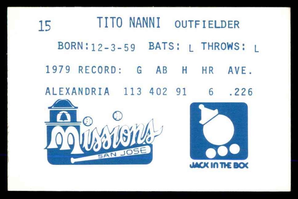 1980 Jack in the Box Minor League Tito Nanni San Jose Missions #15 | eBay