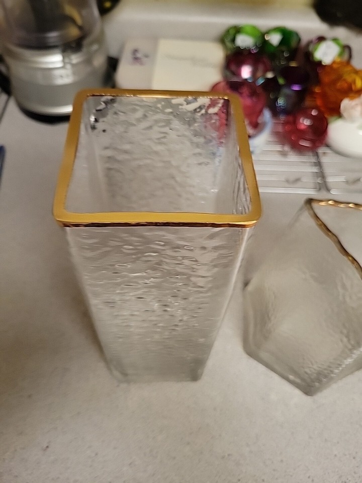 Set Of 2 Unique Hammered Texture Gold Rim Vases. 1 Heptagon 1 Tall Both ...