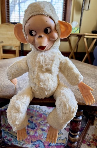 Vtg 50s 60s Rubber Face WHITE 16" Monkey Plush Stuffed Rushton MY TOY ...