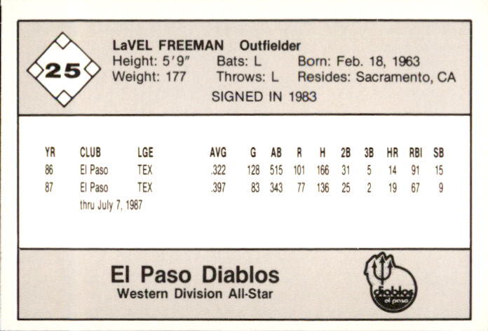 1987 Texas League All-Stars Feder 25 LaVel Freeman Sacramento ...