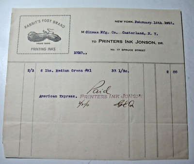 Feb. 16, 1912 Printers Ink Jonson Invoice Sent to Company in Castorland ...