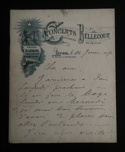 Luigini Alexandre - Signed Autograph Letter, Bellecour Concerts, 1891 ...