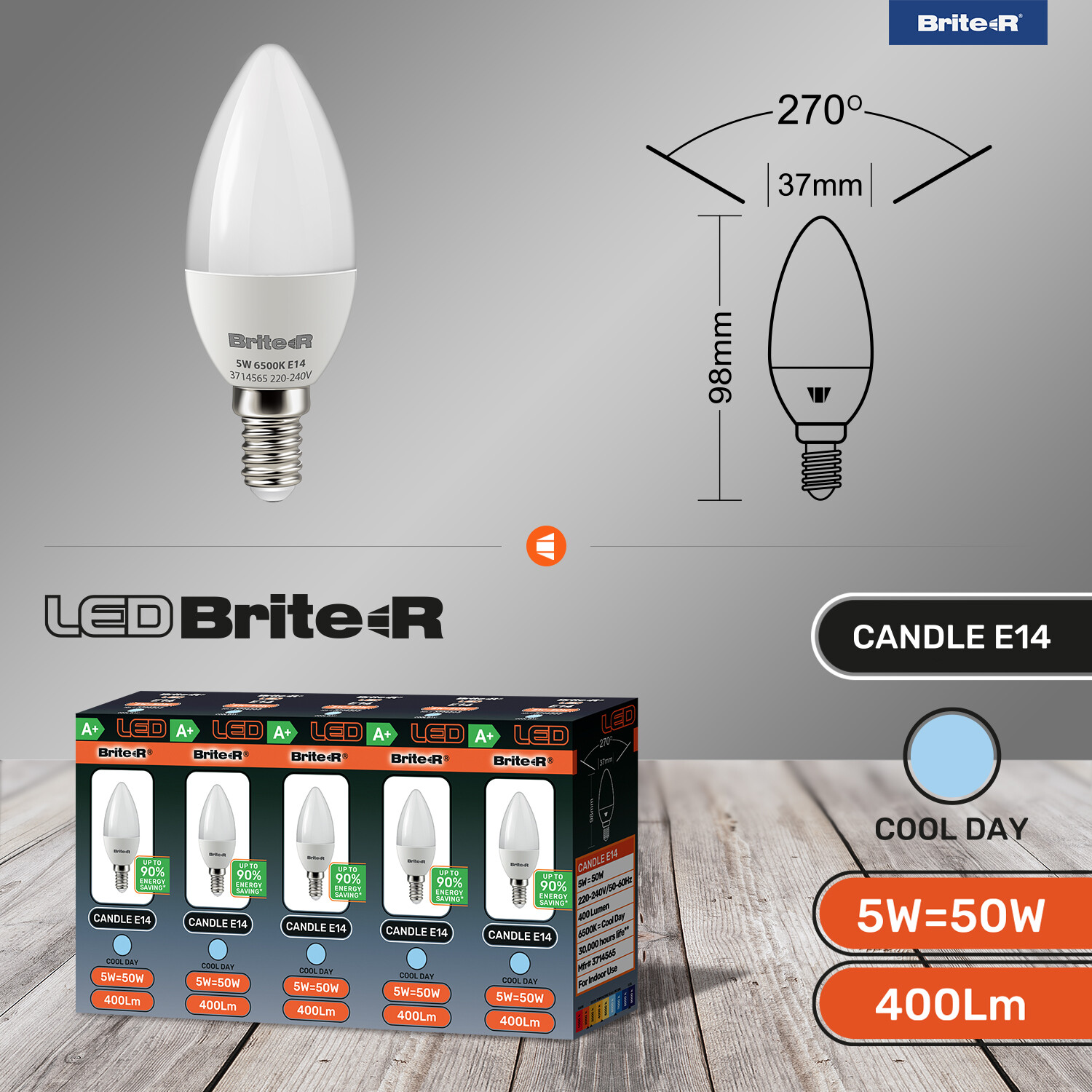 5x E14 SES Candle LED Bulb 5W=50W COOL White Brite-R 6500K 240V Light ...