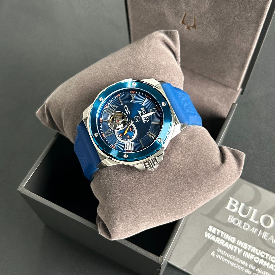 Bulova Marine Star Blue Dial-Blue Silicon Strap 98A303Automatic Men's ...
