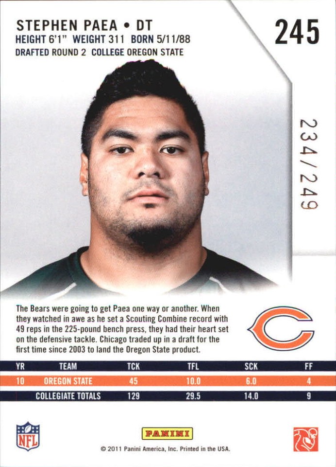 2011 Rookies and Stars Longevity Parallel Silver Card #245 Stephen Paea ...