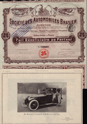 Automobiles Brasier 1907 Paris France - old stock cert. + original ad ...