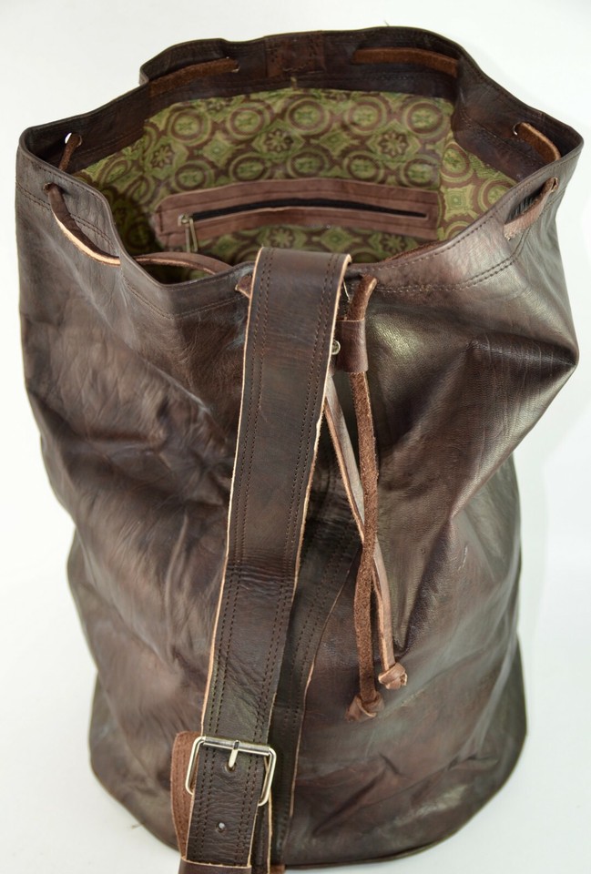 Organic Leather Drawstring Bucket Duffel Bag Backpack Rucksack Moroccan ...