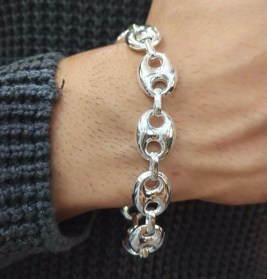925 Sterling Silver Mens Mariner Puffed Link Chain Bracelet 9.05 Inch ...