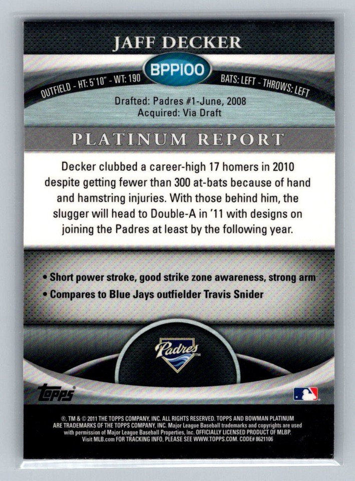 2011 Bowman Platinum #BPP100 Jaff Decker Purple Refractors San Diego ...