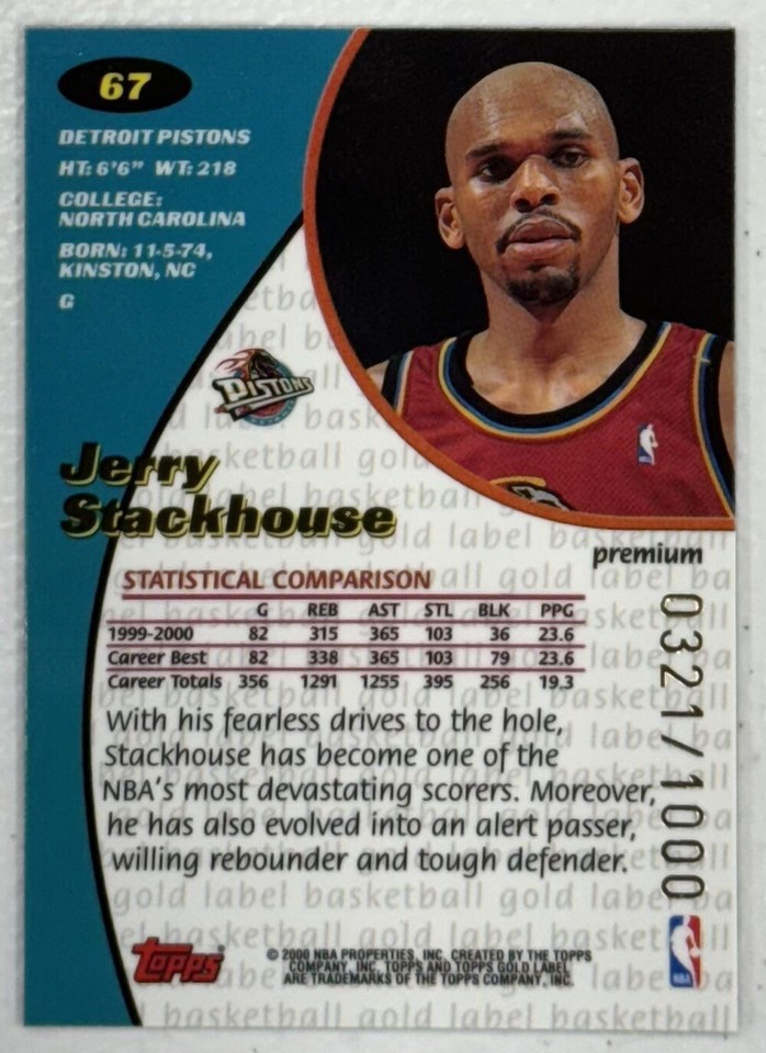 2000-01 Jerry Stackhouse Topps Gold Label Premium Gold 321/1000 SP | eBay