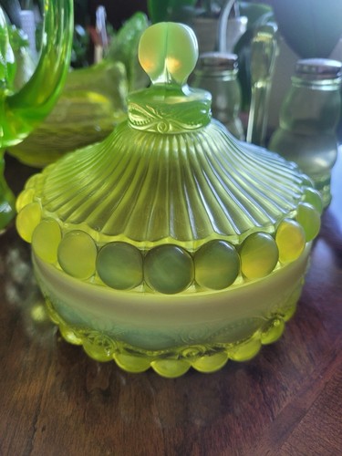 Vaseline Glass Covered Candy Dish with Eye Winker Pattern Opalescent ...
